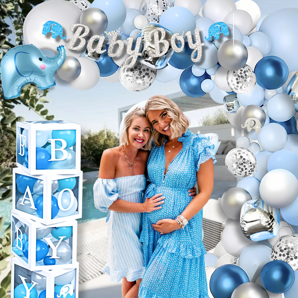 187 pc Baby Shower Decorations for Boy Blue Elephant Theme. Rain Meadow